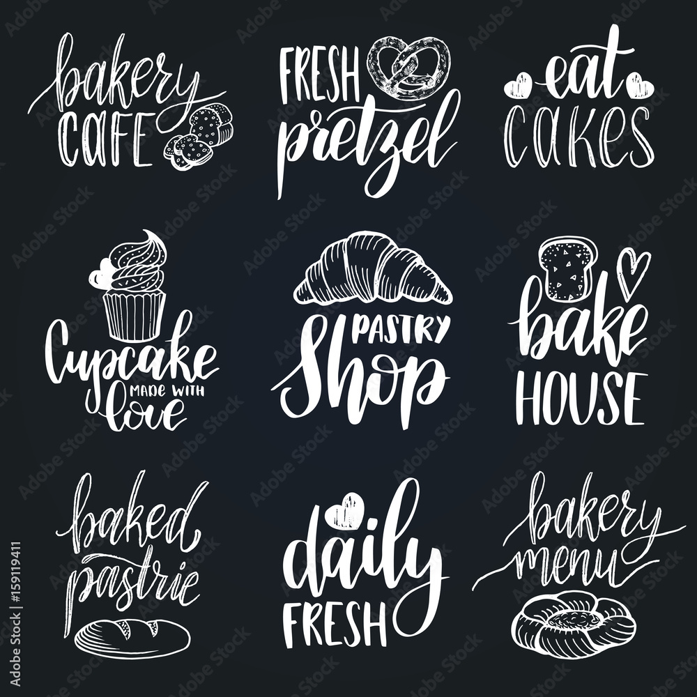 Vector set of vintage bakery hand lettering.Calligraphy collection with ...