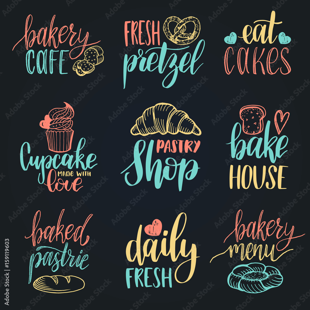 Vector set of vintage bakery hand lettering.Calligraphy collection with ...