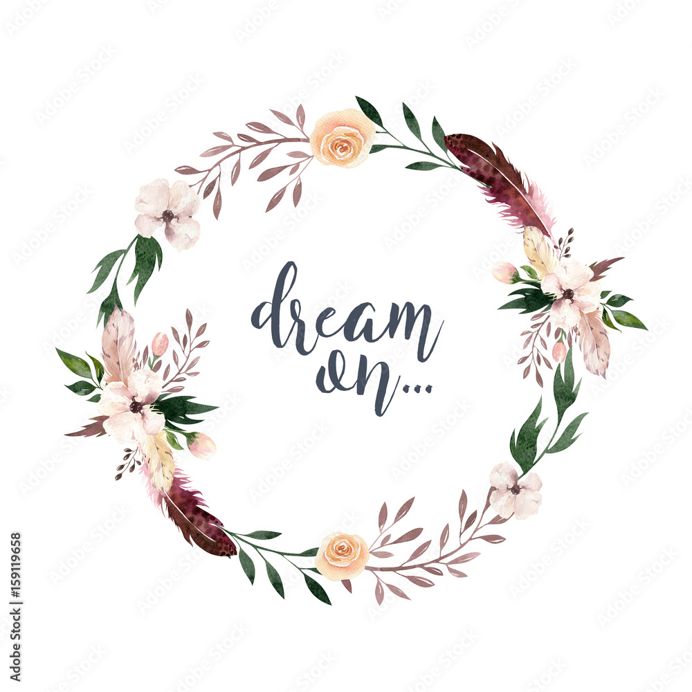 Hand drawing isolated boho watercolor floral illustration with leaves ...