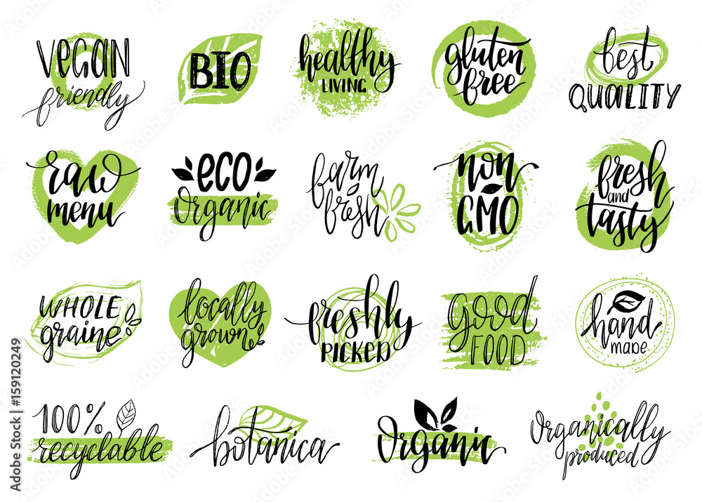 Vector eco, organic, bio signs. Vegan, healthy food illustrations set ...