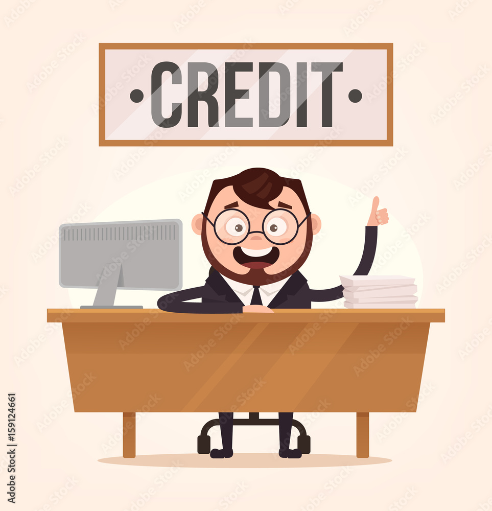 Smiling happy credit manager character sitting in table desk workplace ...