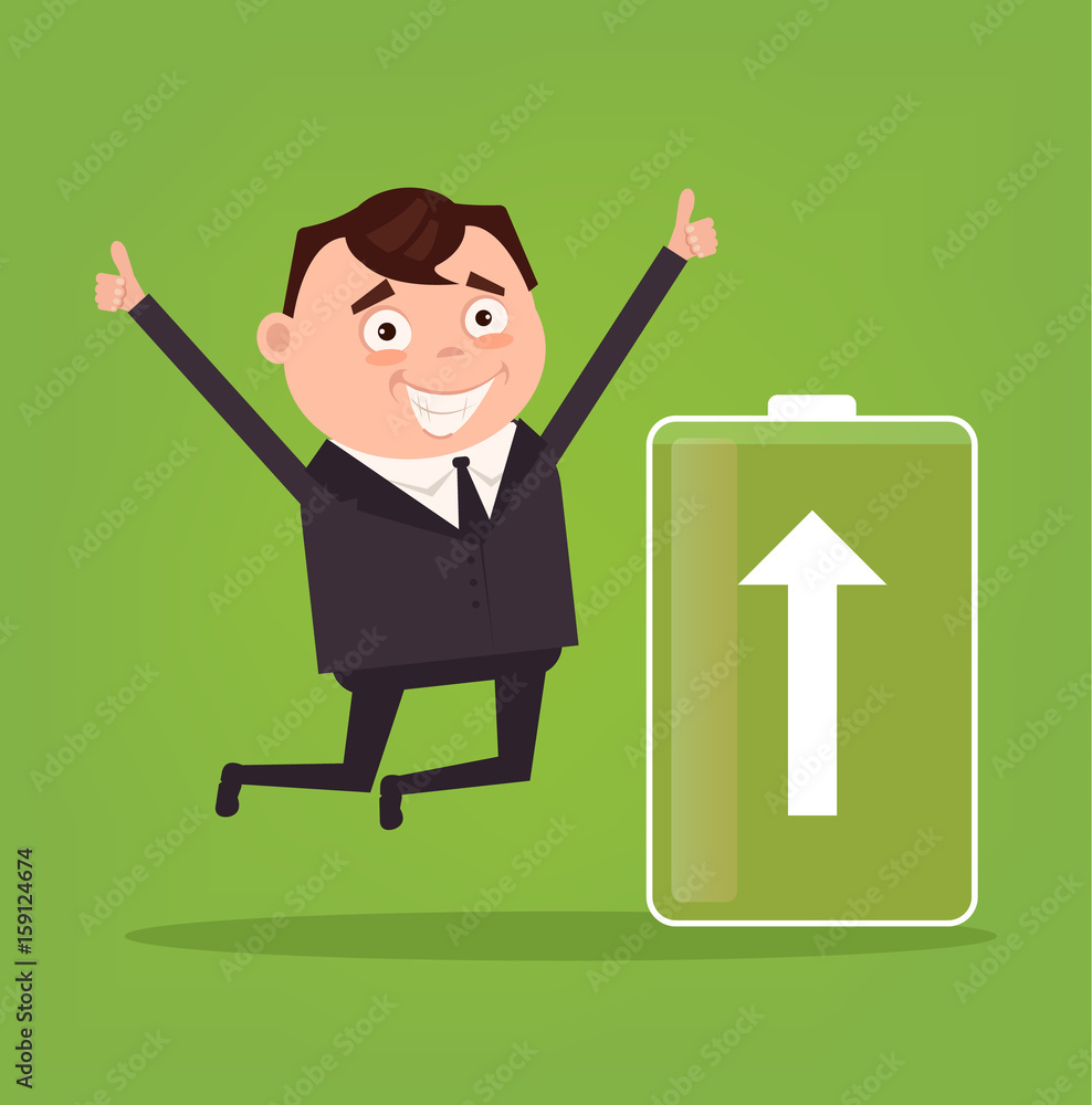 Happy smiling businessman office worker character full of energy. Green ...