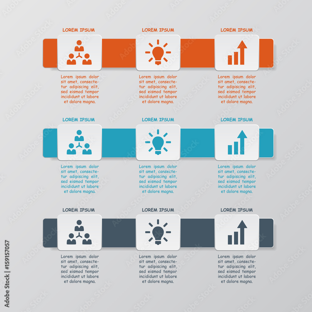 Modern three infographic options. Horizontal 3 steps data vector ...