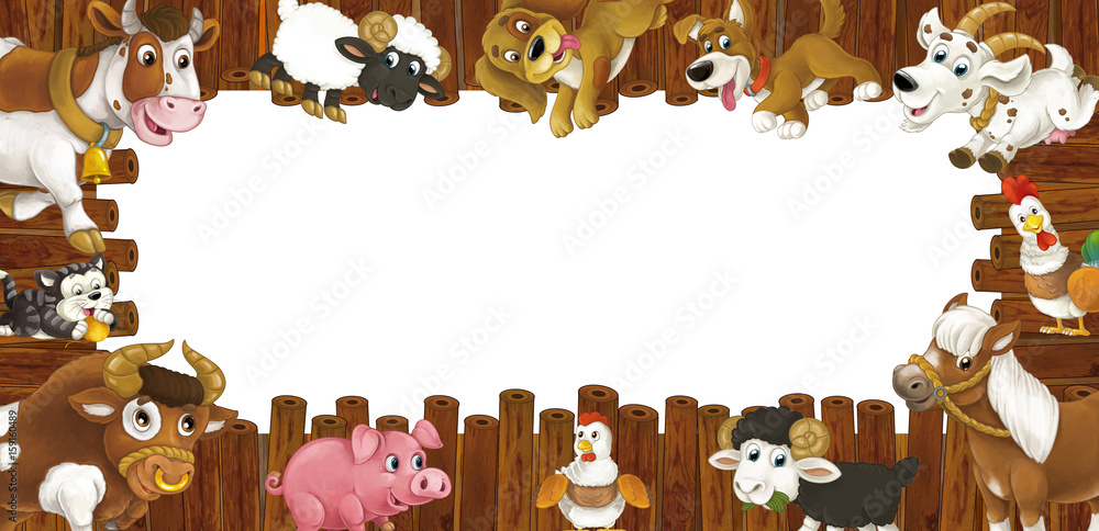 cartoon wooden frame with different farm animals like dogs sheep cat ...