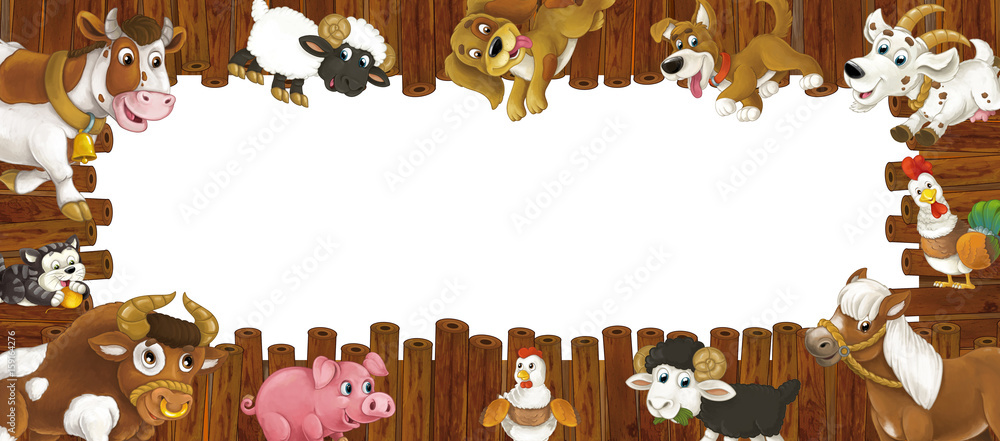 cartoon wooden frame with different farm animals like dogs sheep cat ...