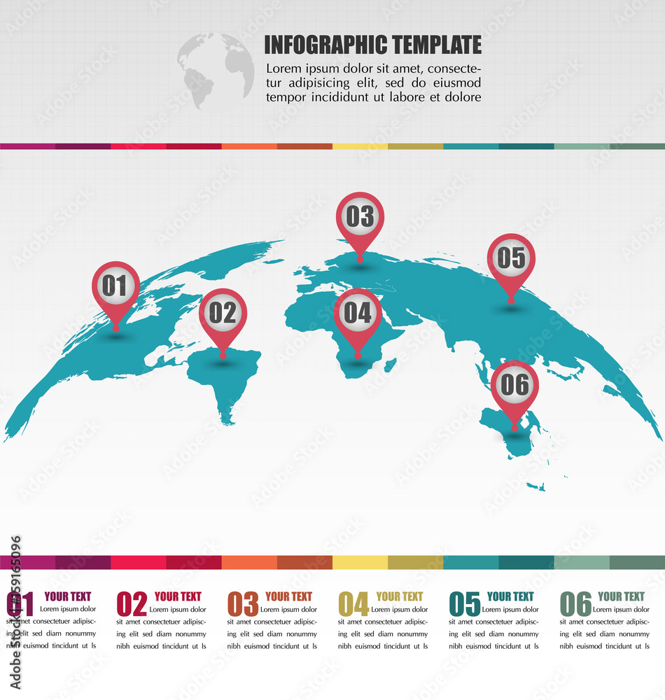 Flat Globe World Map infographic Template With Number Location Marks ...