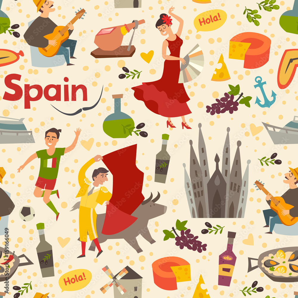 Spanish landmark pattern vector background. Hand draw backdrop with ...