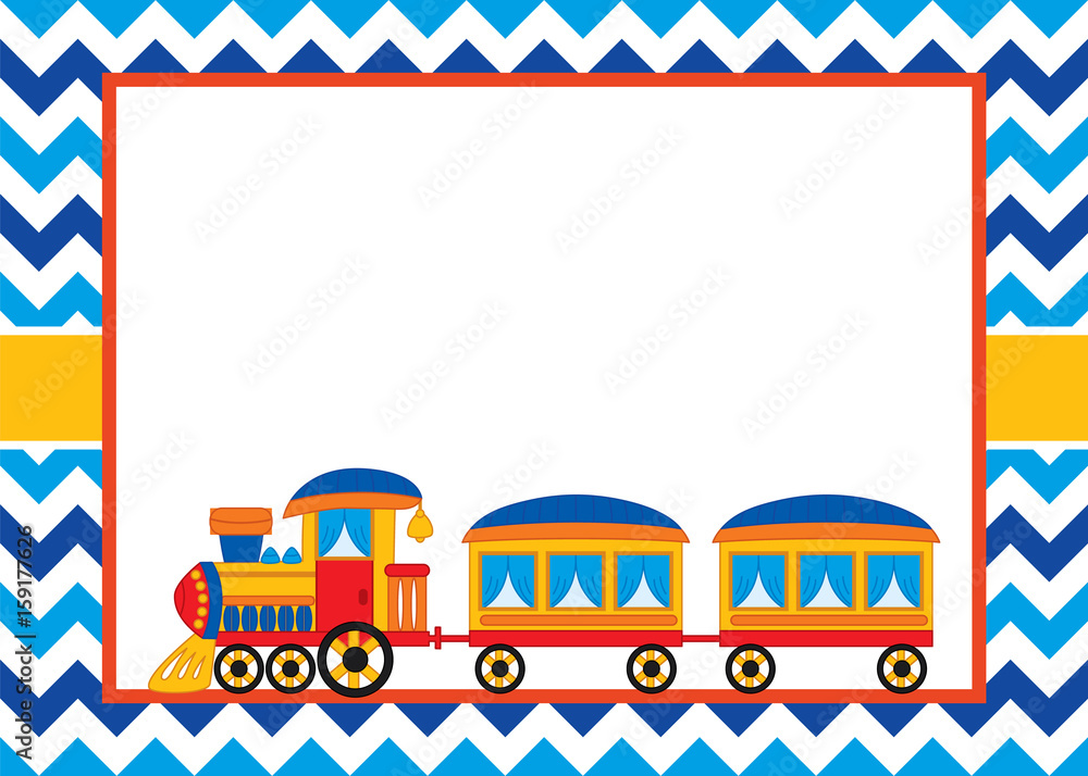 Vector Card Template with a Colorful Steam Train on Chevron Background ...