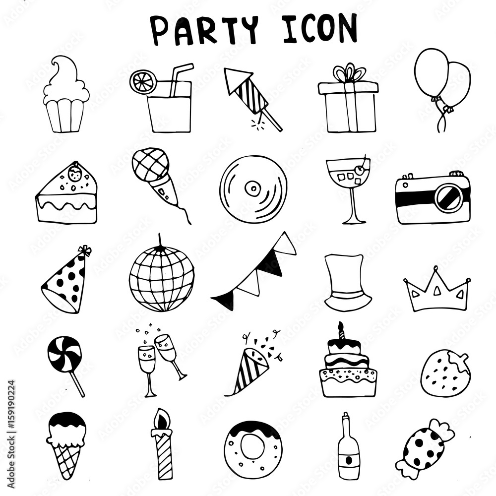 Hand drawn, doodle party icons set. Cerebrate decoration vector design ...