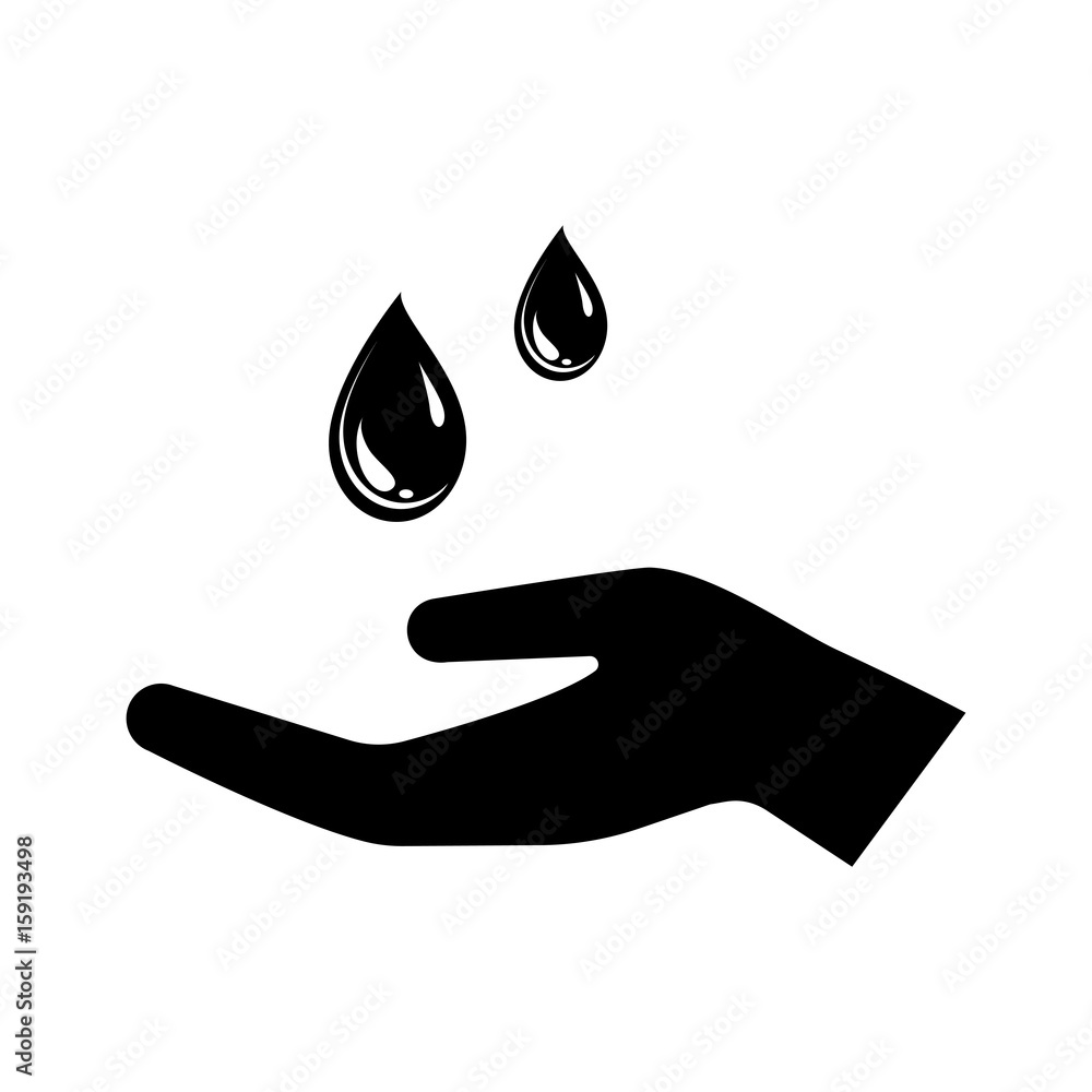 Drops of liquid falling on hand icon. Symbol of water resources ...