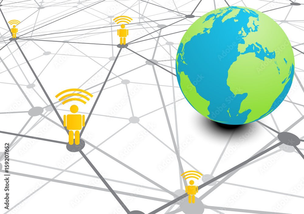 Globe with connection lines and signal icons on white background some ...