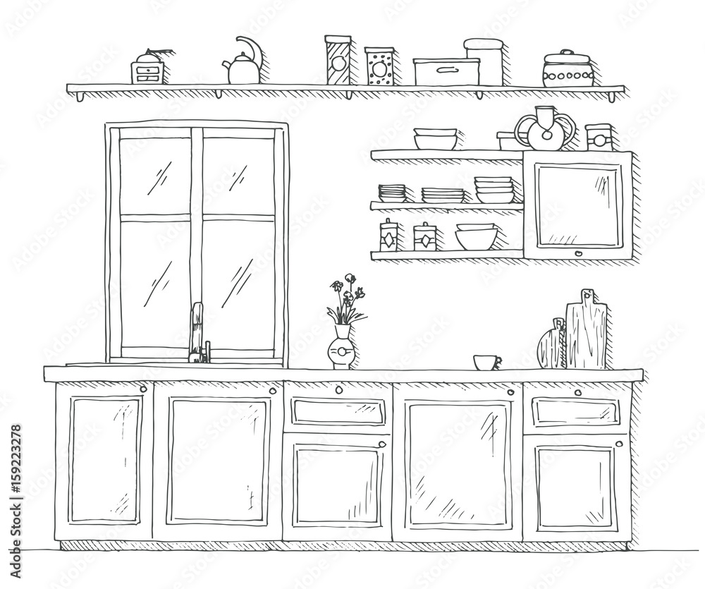Sketch kitchen with a window. Vector illustration in a sketch style ...