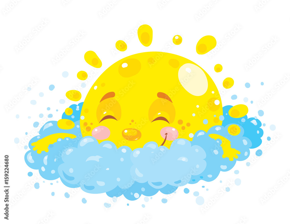 Little happy cartoon sun cute is sleeping on a soft and fluffy cloud ...