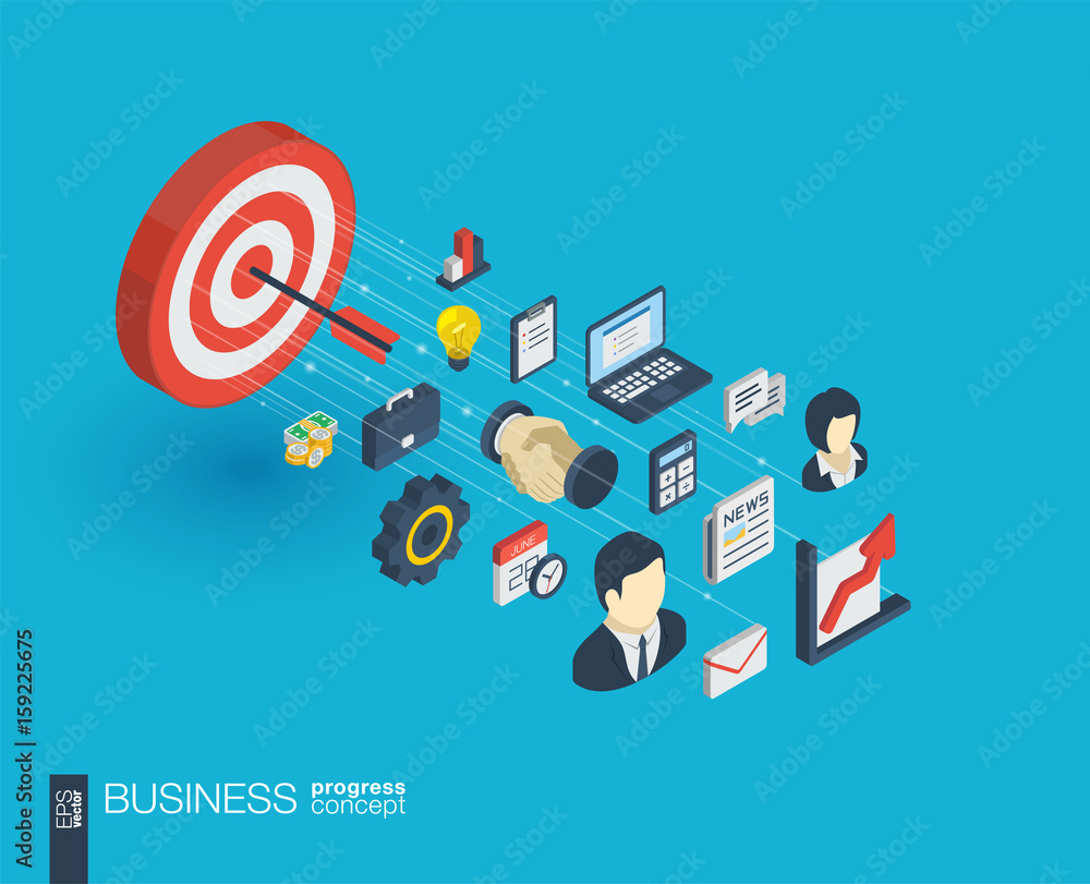 Business integrated 3d web icons. Digital network isometric progress ...