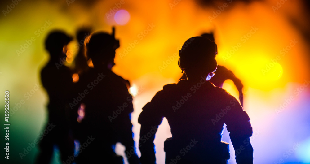 Anti-riot police give signal to be ready. Government power concept ...