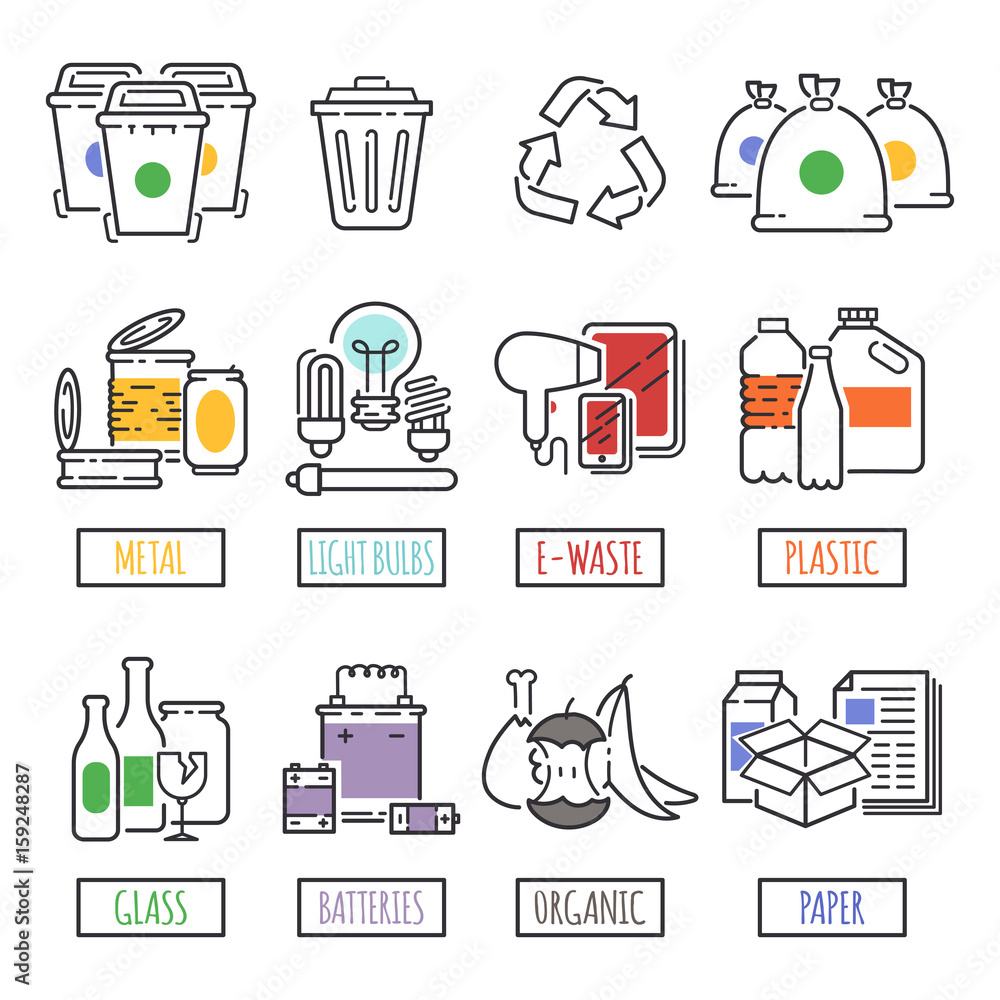 Different recycling garbage waste types sorting processing, treatment ...
