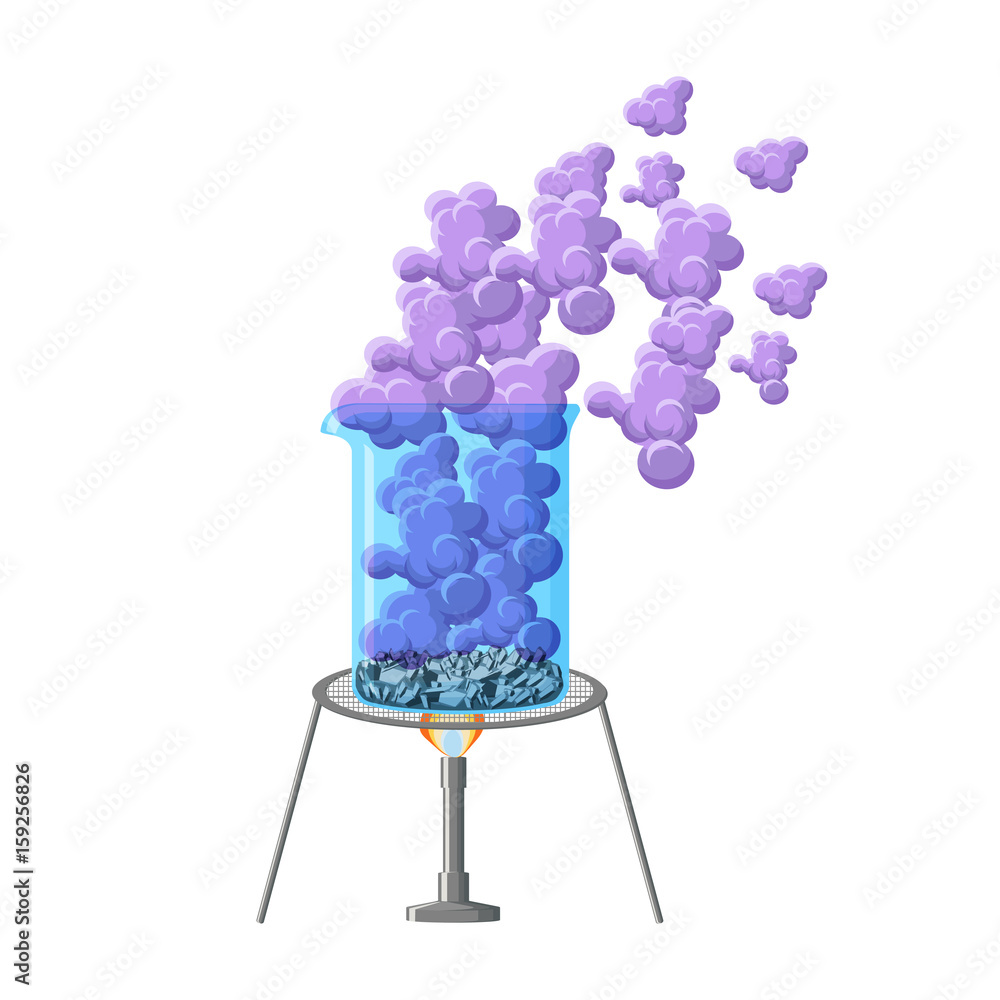 Chemical experiment showing heating beaker with crystals and smoke ...