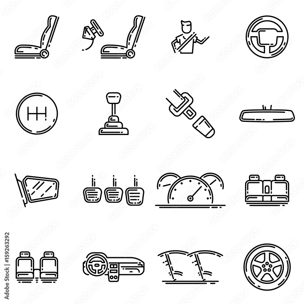 Set of car interior details outline vector icon. Includes seats, back ...