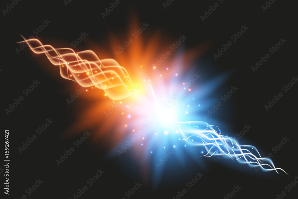 Collision of two forces with gold and blue light. Vector illustration ...