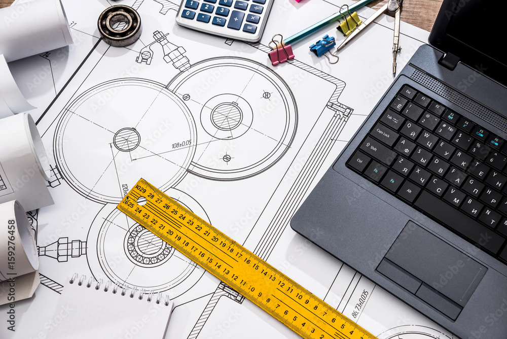 mechanical engineering of parts with tools, laptop, drawing top Stock ...