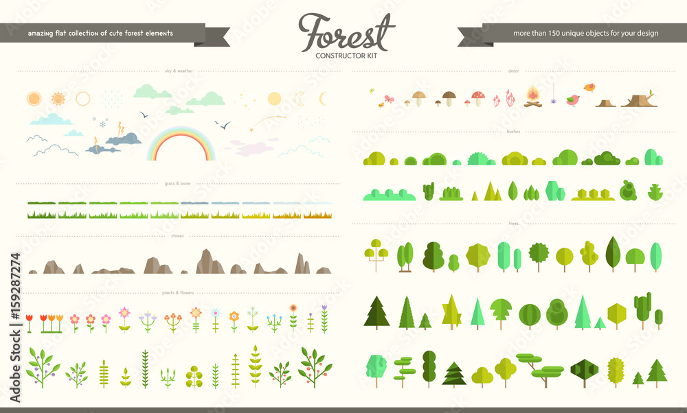 Set of flat vector forest elements Stock Vector | Adobe Stock