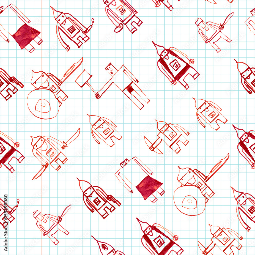 Hero seamless pattern. Adorable child's drawing with school pen. Cute ...