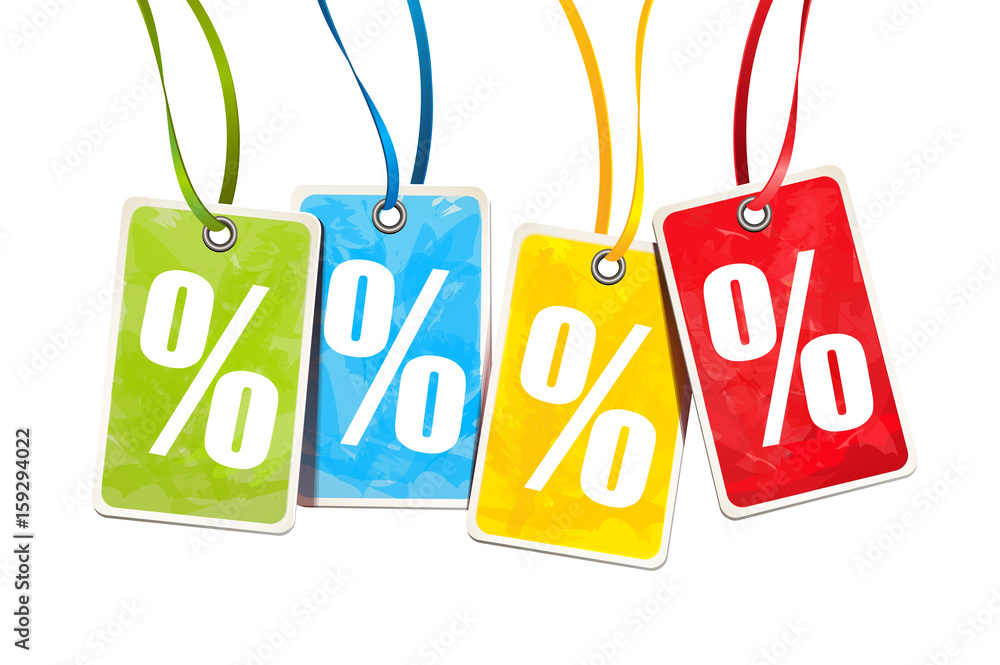 Prozente - Bunte Anhänger Etiketten mit Prozent Zeichen und Textur ...