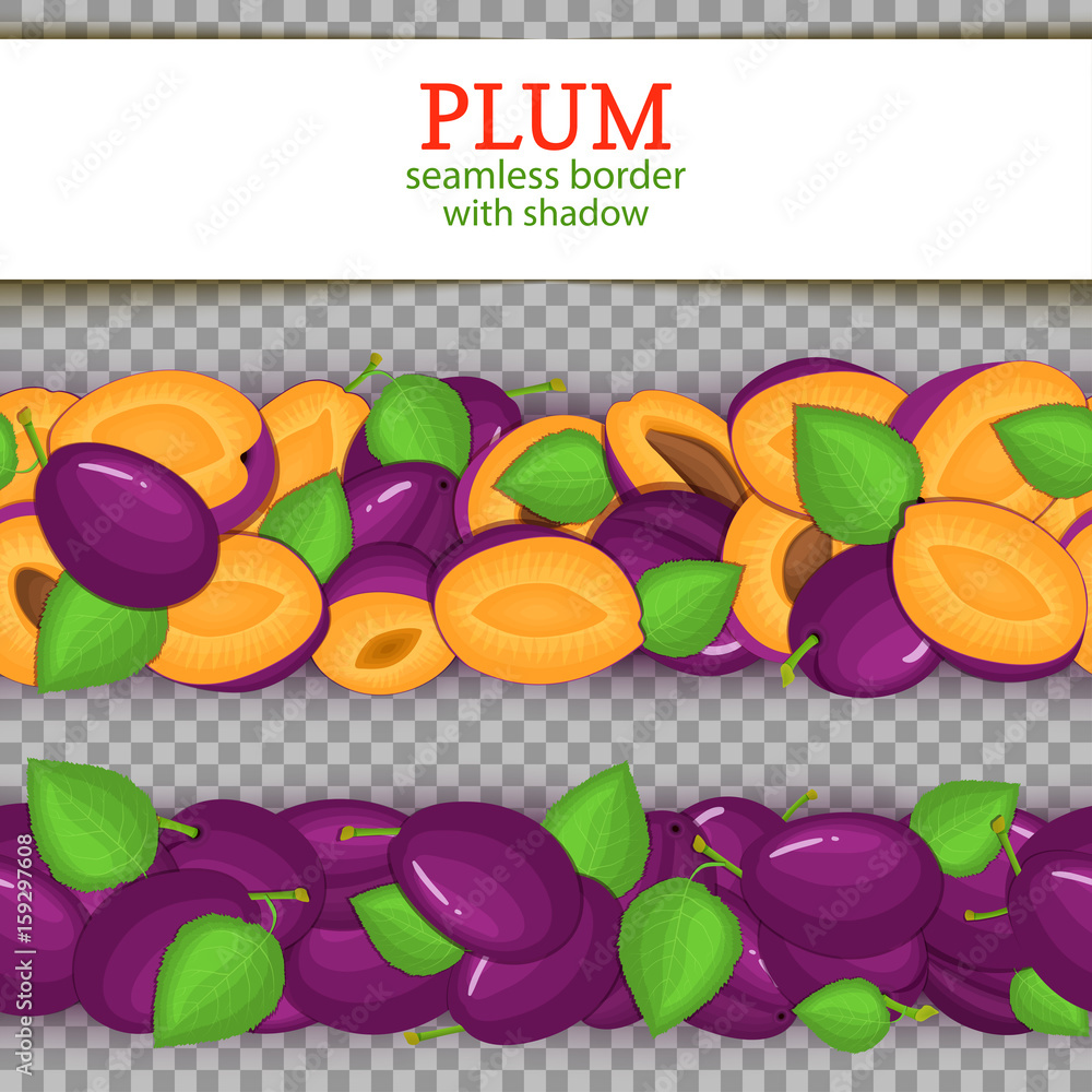Ripe plum Horizontal seamless borders. Vector illustration card. Wide ...