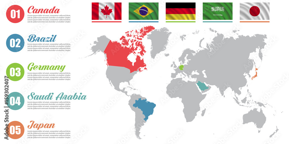 World map infographic. Slide presentation. Canada, Brazil, Germany ...