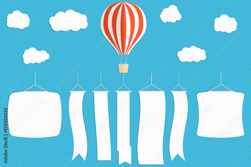 Flying advertising banner. Hot air balloon with vertical banners on ...