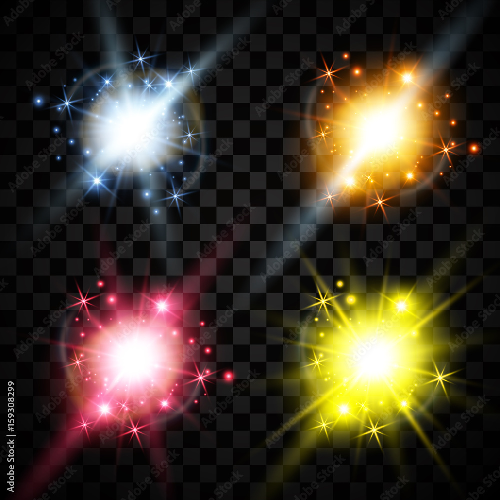 Set of golden glowing lights effects isolated on transparent background. Sun flash with rays and ...