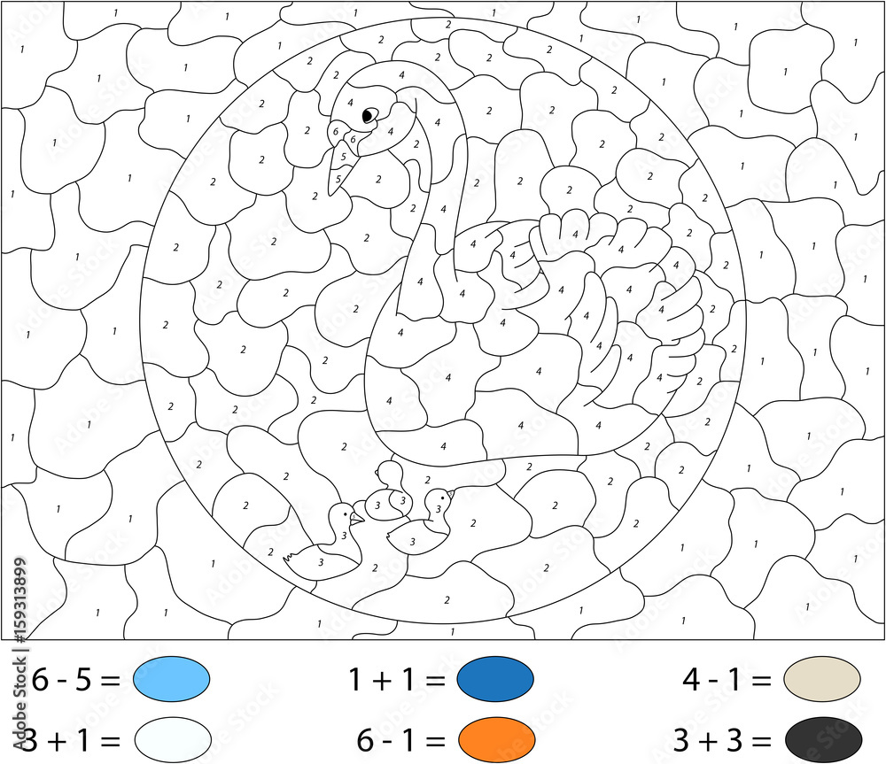 Cartoon swan with her chicks. Color by number educational game for kids ...