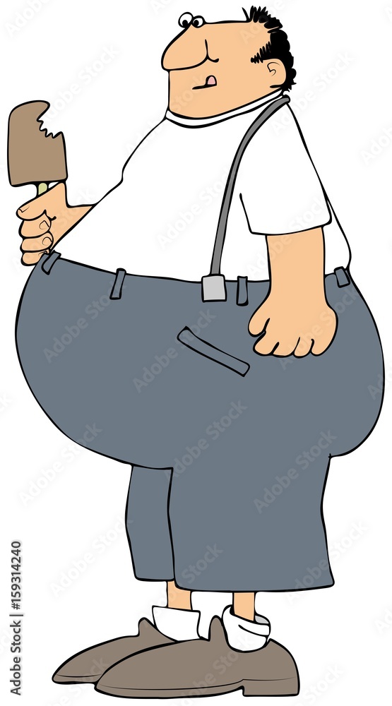 Illustration of a fat man with suspenders eating an ice cream bar ...