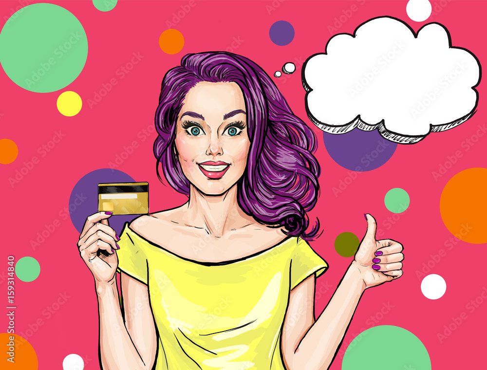 Smiling girl with bank card. Pop Art girl.Woman with bank card. Stock ...