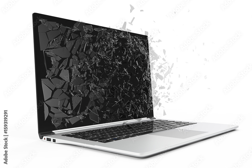 Computer or laptop with broken screen isolated on white background for ...