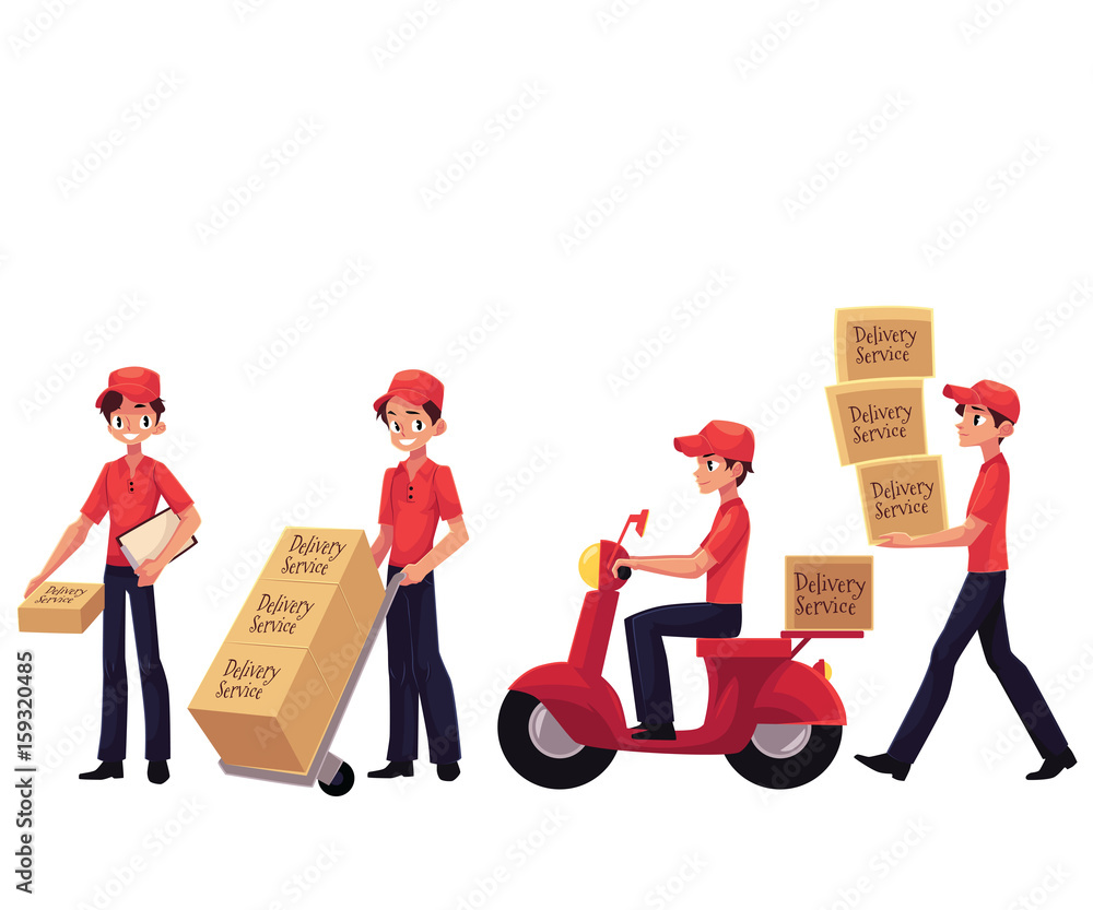 Young man working as courier, delivering goods, parcel, boxes, cartoon ...