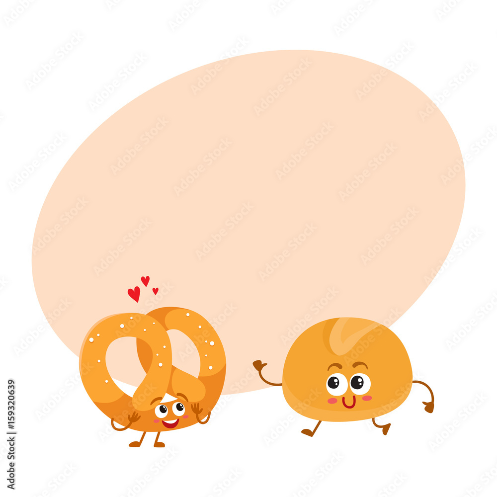 Smiling German pretzel and English bun, breakfast bread, bakery ...