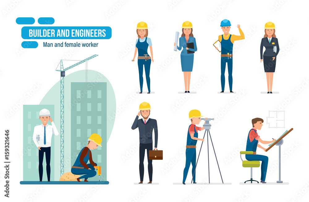 Engineers cartoon set with construction workers, architect, repairman ...