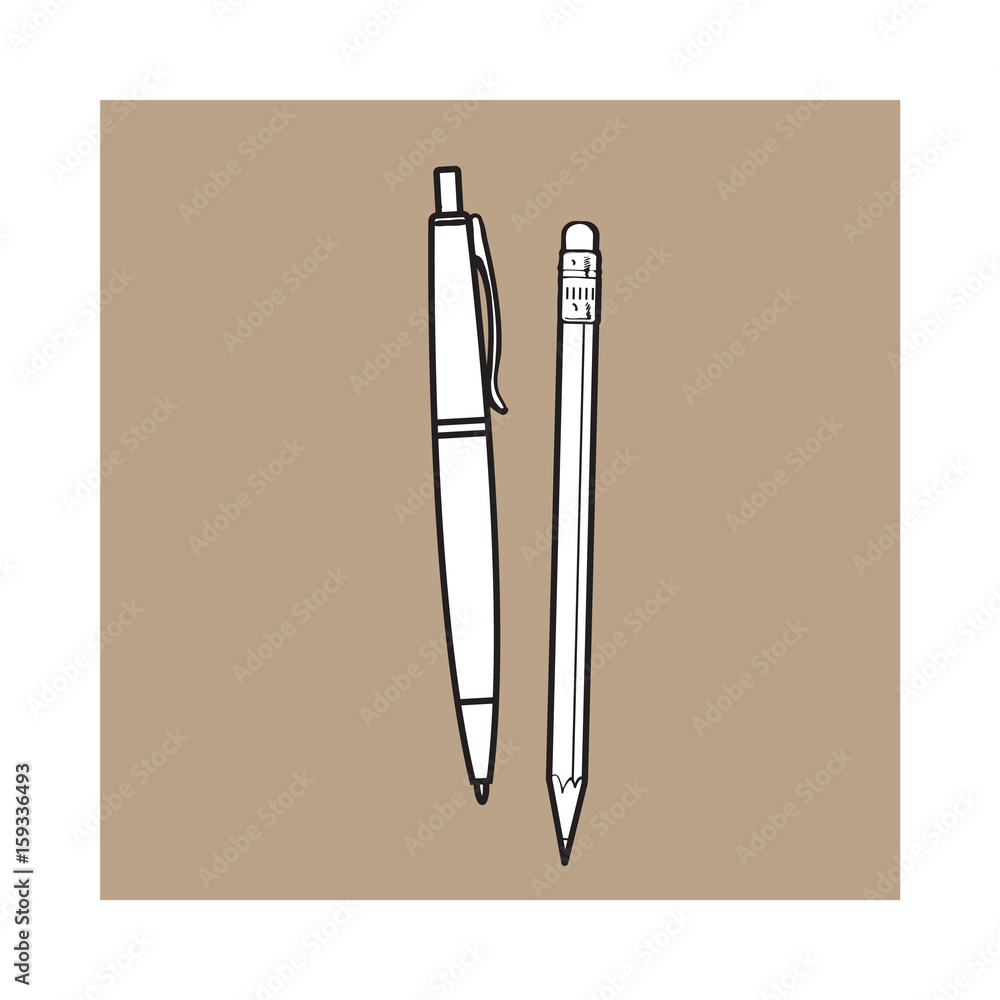 Simple hand drawn ball point pen and pencil, office supplies, sketch ...
