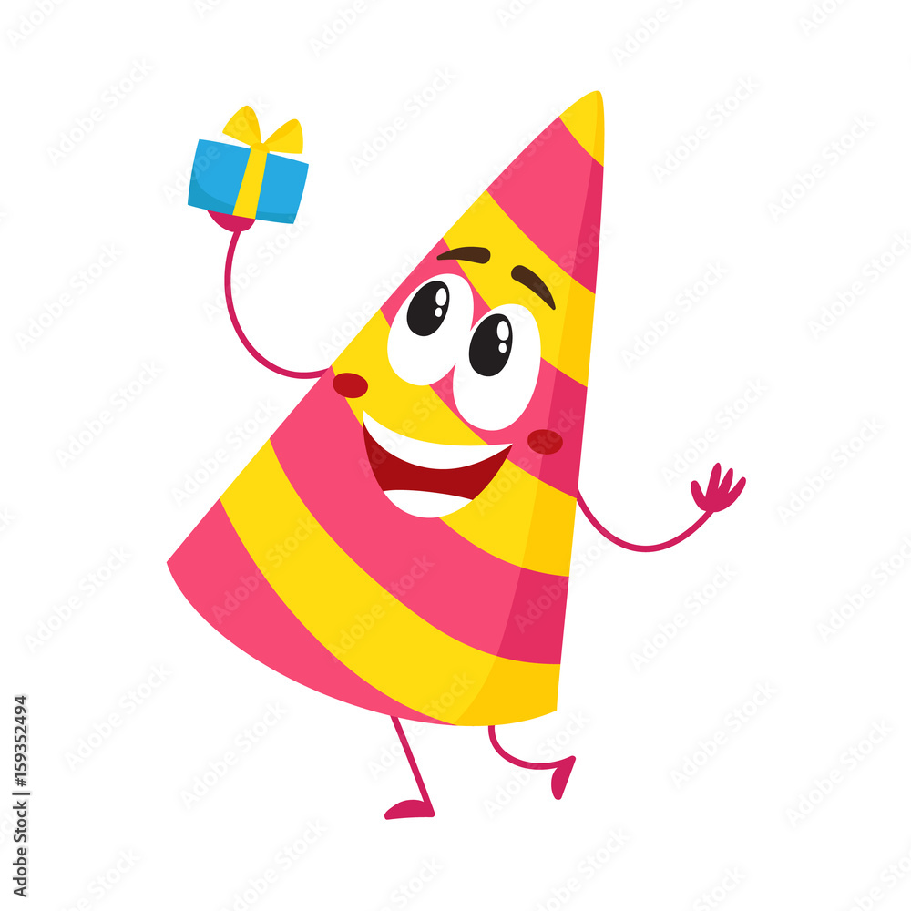 Striped birthday party hat character with smiling human face holding a ...