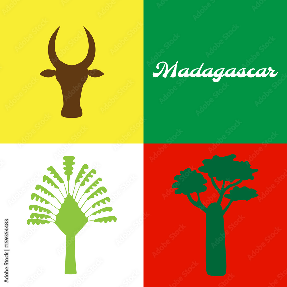 Symbol of Madagascar: baobab tree, zebu, ravenala. Vector illustration ...