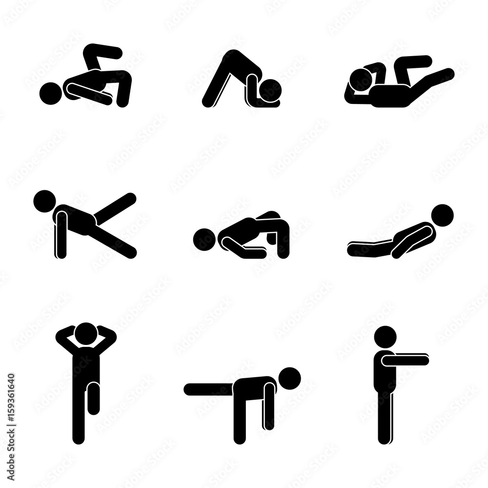 Vetor de Exercises body workout stretching man stick figure. Healthy ...