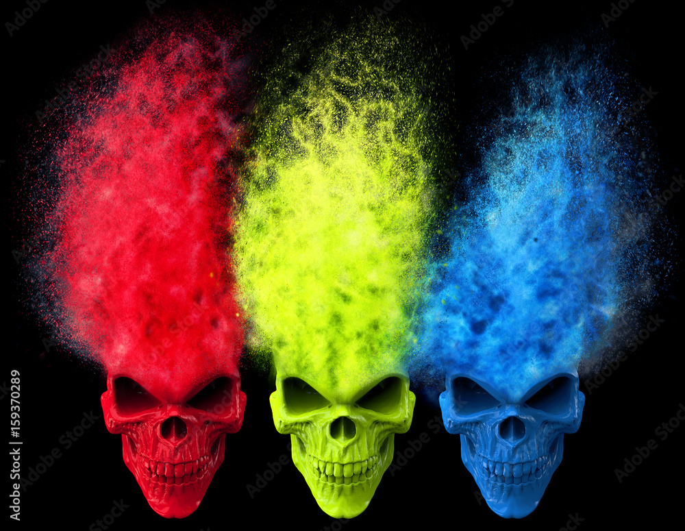 Angry skulls - red, green and blue - exploding into particles Stock ...