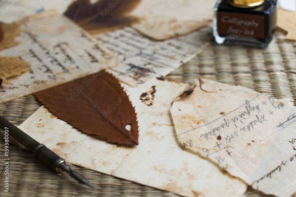 Still life. Old paper with quill, ink and dry leaves. Recipe. Czech ...