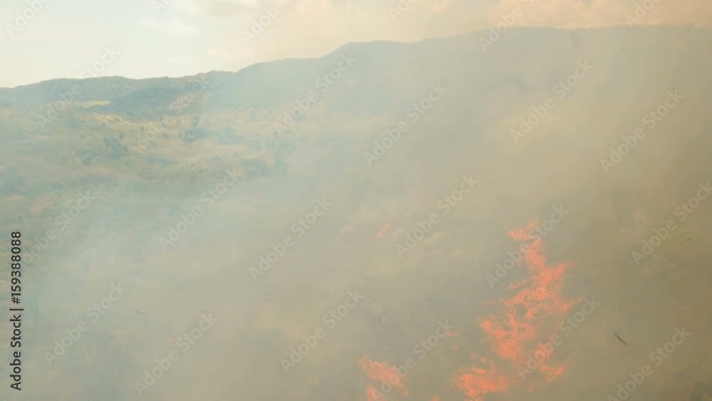 Aerial view forest fire on the slopes of hills and mountains. Forest ...