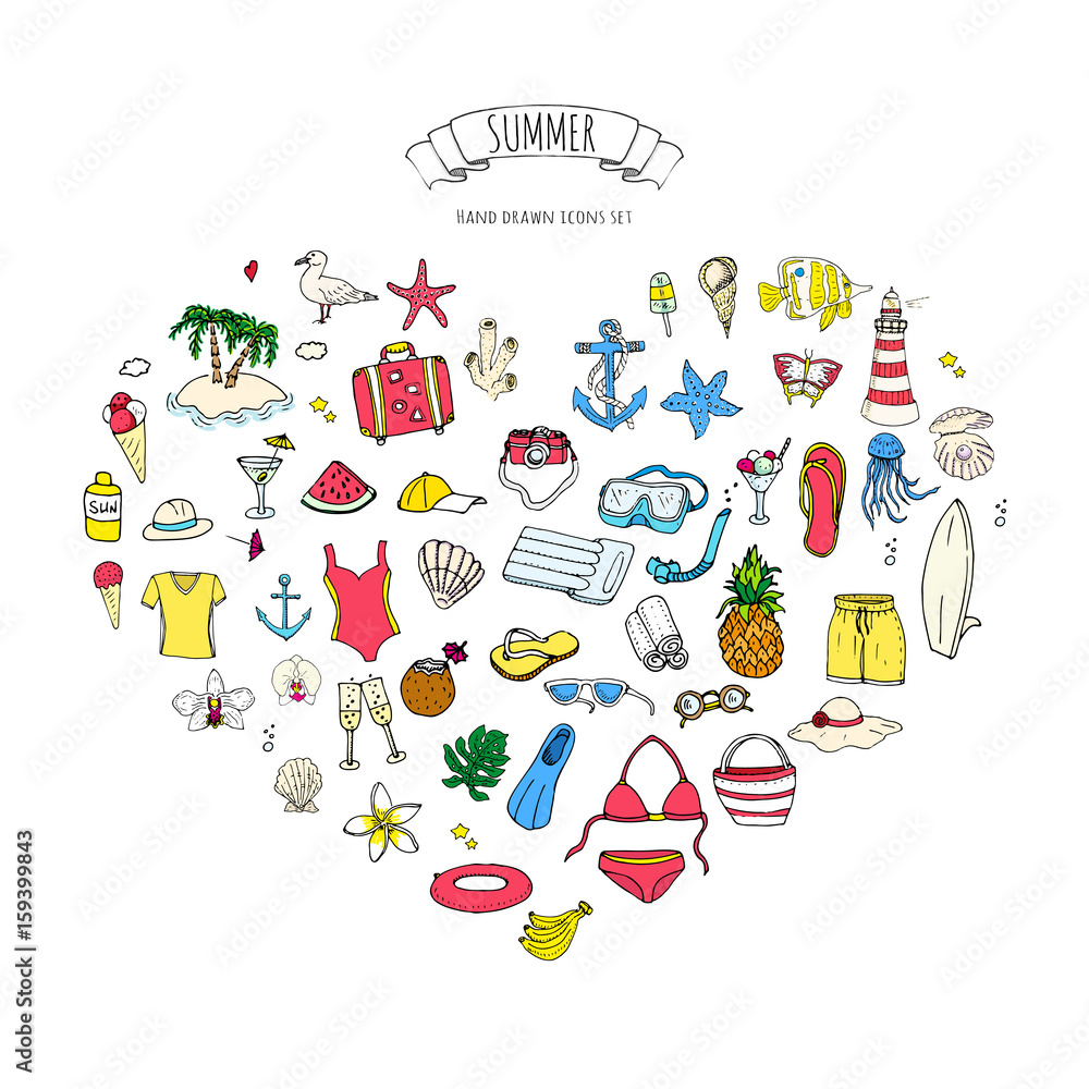 Hand drawn doodle summer set icons Vector illustration Sketchy summer ...