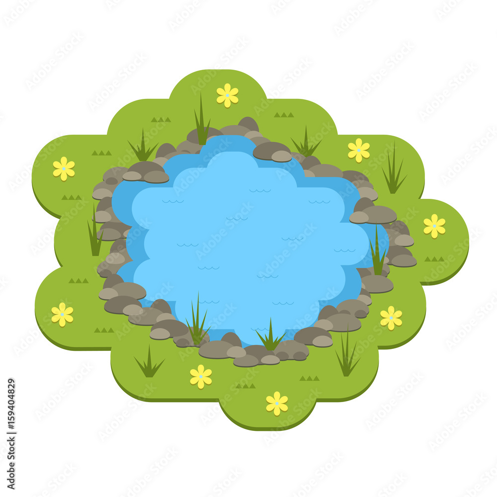Cartoon vector garden pond illustration with water, plants and animals ...