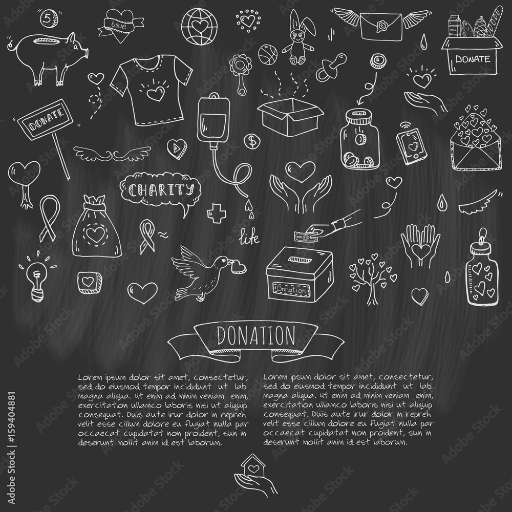 Hand drawn doodle Donation icons set. Vector illustration. Charity ...
