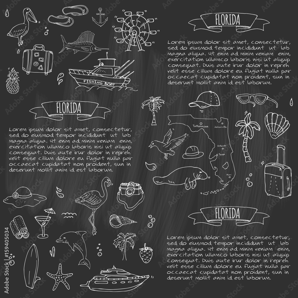 Hand drawn doodle Florida icons set. Vector illustration, isolated ...