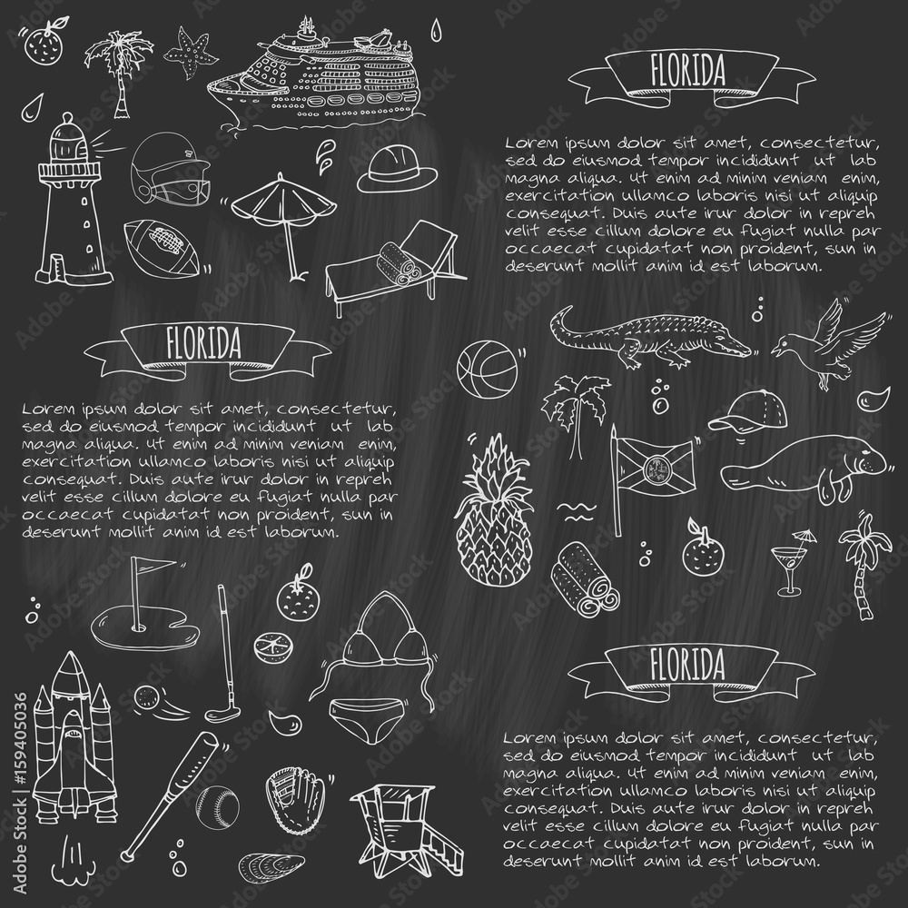 Hand drawn doodle Florida icons set. Vector illustration, isolated ...